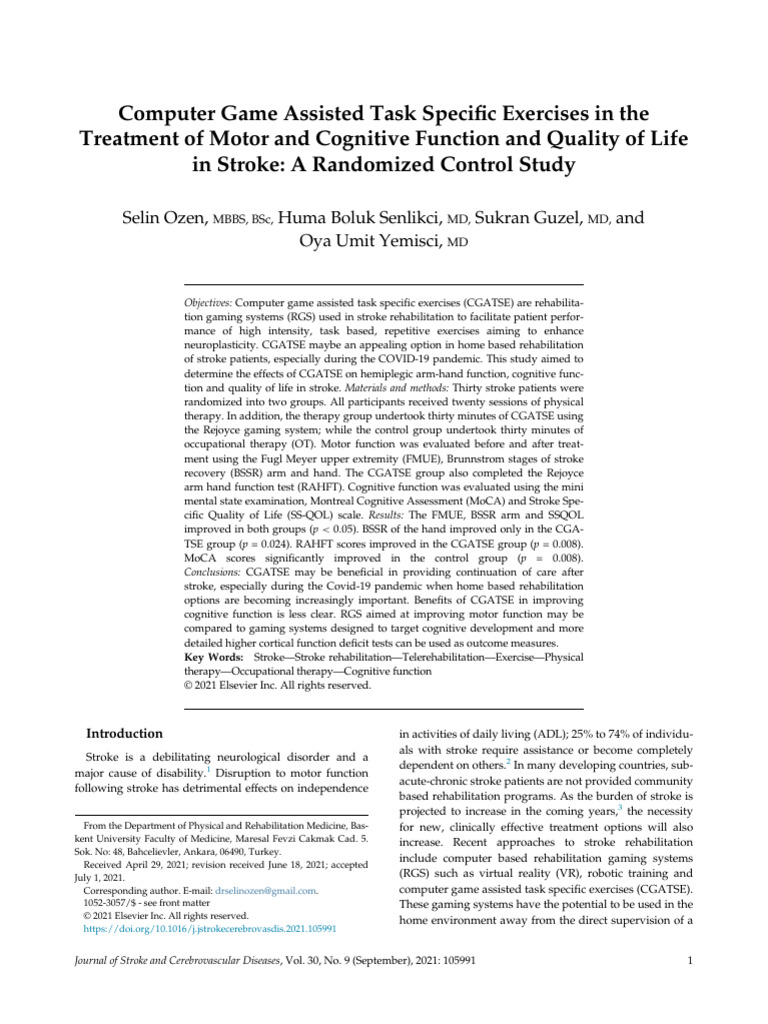 Computer Game Assisted Task Specific Exercises Treatment Motor ...