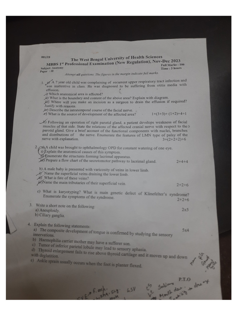 1st Prof MBBS Exam WBUHS Anatomy Paper-II | PDF