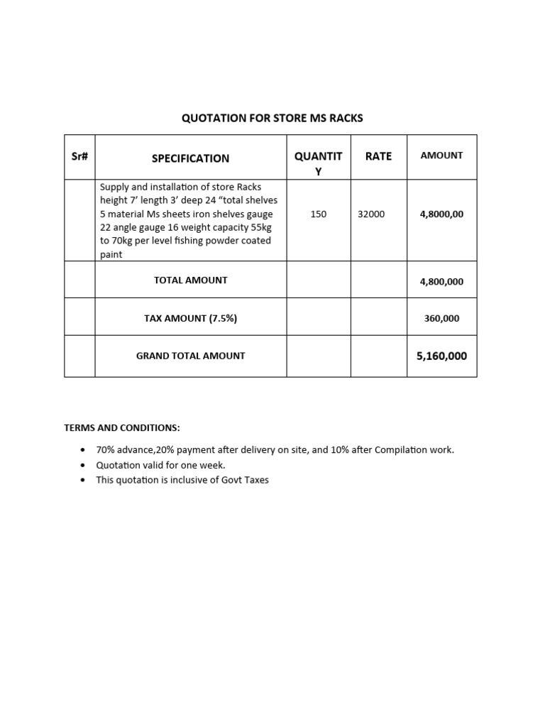 Quotation For Store Ms Racks | PDF