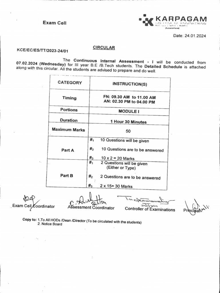 CIA I Circular For III Year B.E. - B.Tech - Even Semester - AY 2023-24 ...