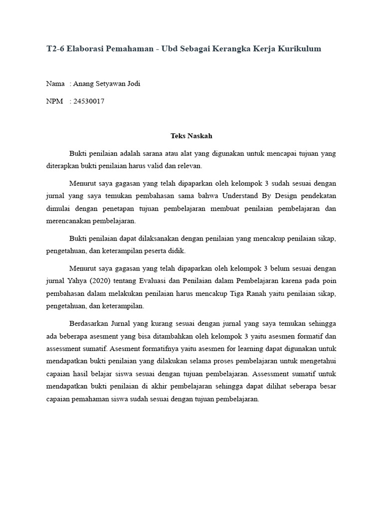T2-6 Elaborasi Pemahaman - Ubd Sebagai Kerangka Kerja Kurikulum | PDF T2-6 Elaborasi Pemahaman - Ubd Sebagai Kerangka Kerja Kurikulum | PDF