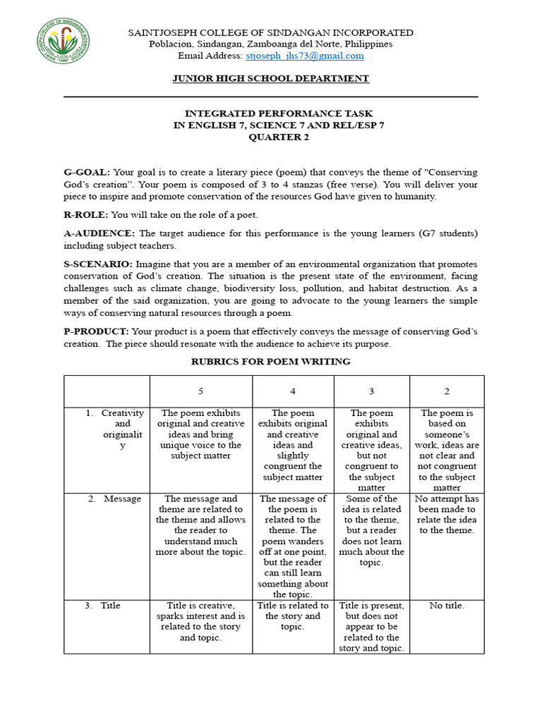 Grade 7 Integrated Performance Task | PDF | Poetry | Conservation Biology