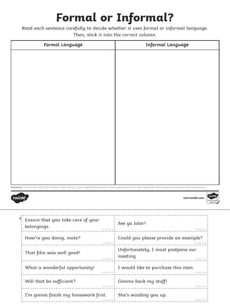 T e 1678095327 Formal and Informal Language Sorting Activity - Ver - 1 ...