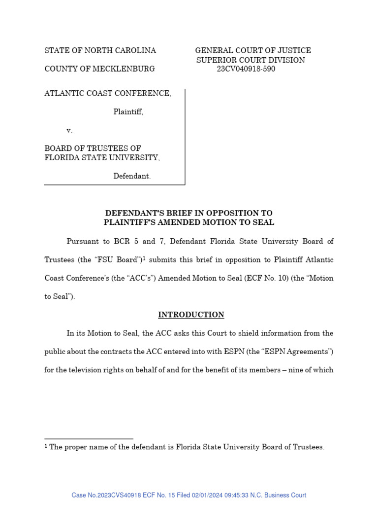 FSU Against ACC Motion To Seal | PDF | Complaint | Atlantic Coast ...