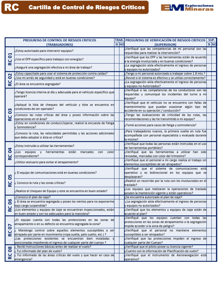Cartilla de Control de Riesgos Criticos 2019 | PDF