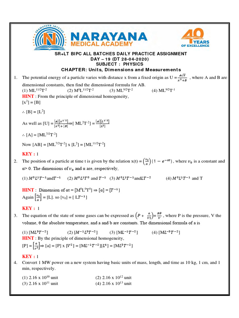 Narayana NEET (UG) Physics Objective Questions & Solutions | PDF