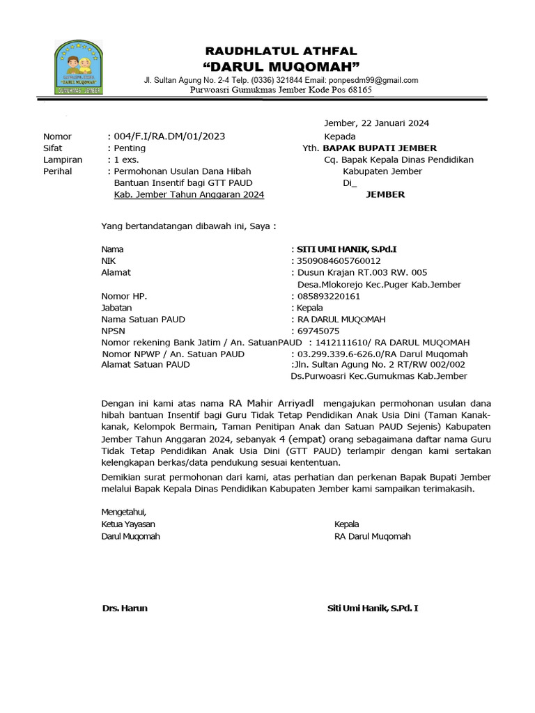 Contoh Usulan Insentif GTT PAUD TA 2024 | PDF