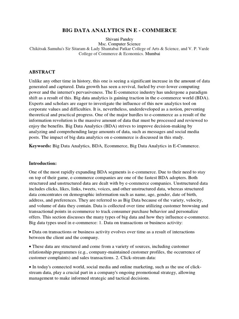 MSC CS Shivani Pandey Roll No 36 BIG DATA ANALYTICS in E-Commerce Research Paper | PDF | E ...