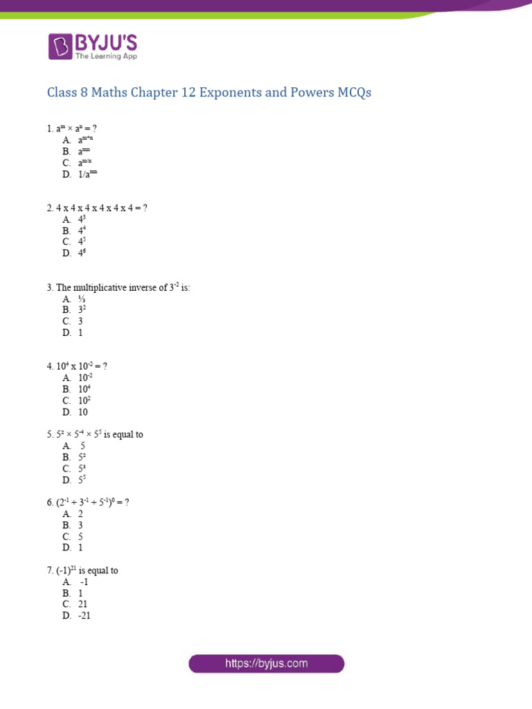 Class 8 Maths Chapter 12 Exponents and Powers MCQs | PDF