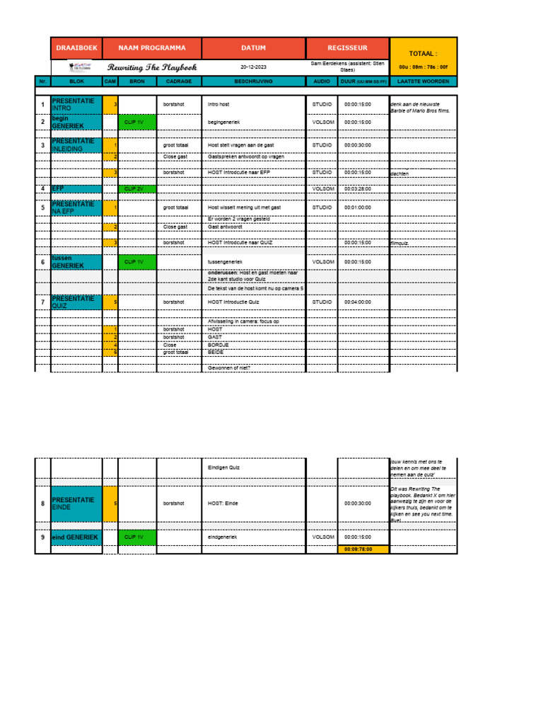 Draaiboek Callsheet RTP | PDF