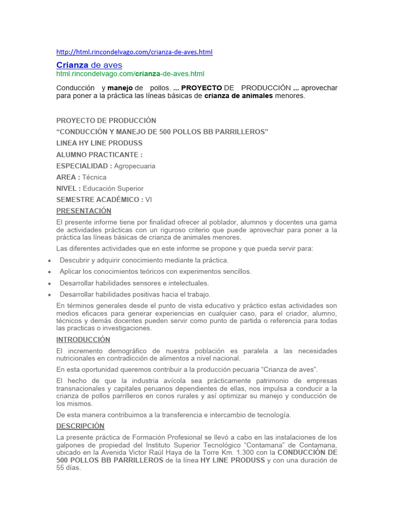 Perfil de Proyecto Avicola | PDF | Agua | Alimentos