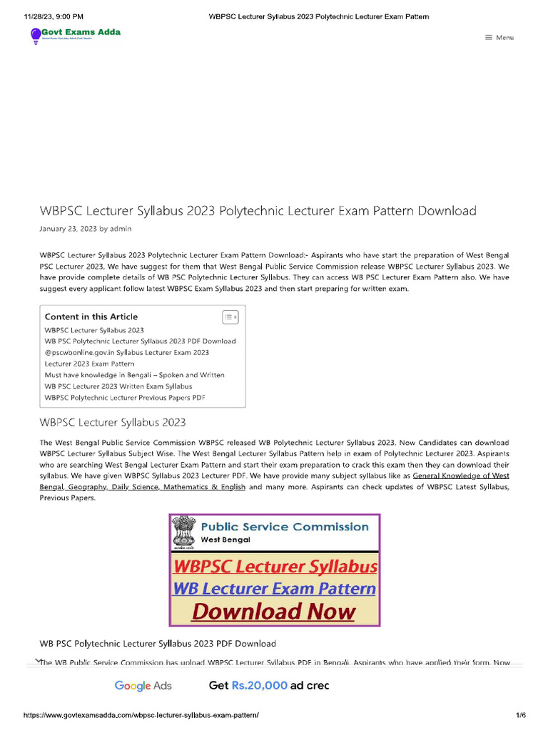 WBPSC Lecturer Syllabus 2023 Polytechnic Lecturer Exam Pattern | PDF