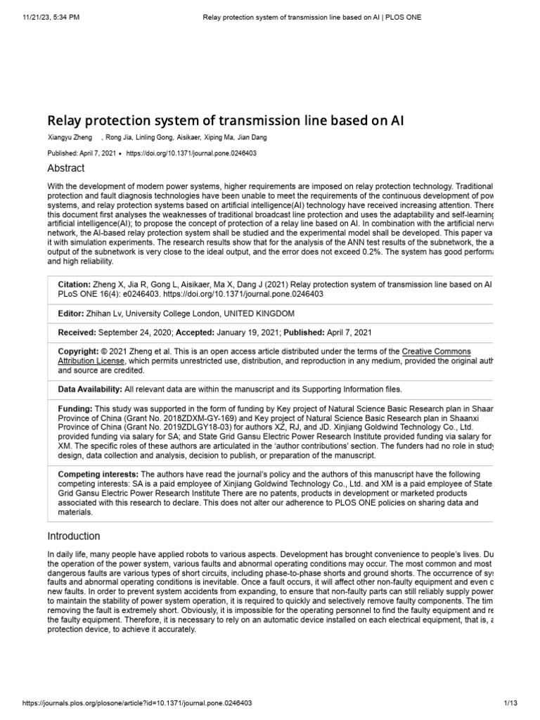 Relay Protection System of Transmission Line Based On AI - PLOS ONE | PDF | Intention ...