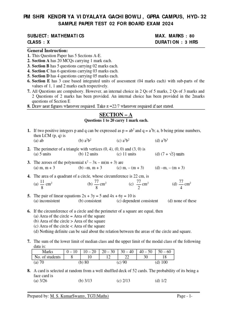 Maths Class X Sample Paper Test 02 For Board Exam 2024 | PDF