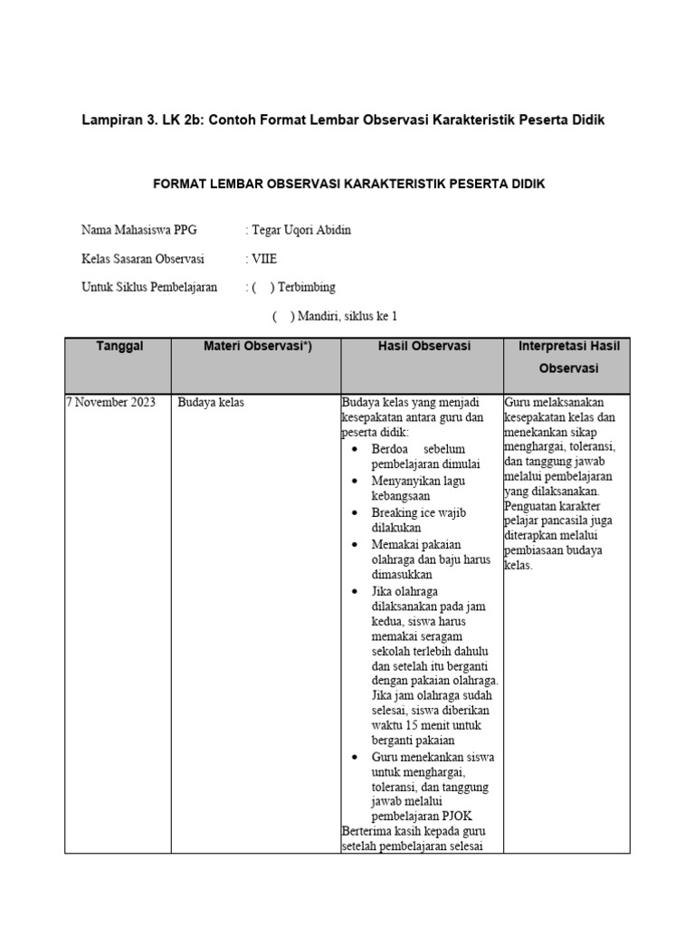 Lampiran 3. LK 2b Contoh Format Lembar Observasi Karakteristik Peserta Didik | PDF
