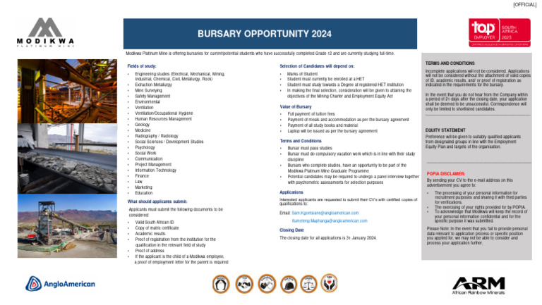 Modikwa Platinum Mine Bursary 2024 | PDF | Mining | Recruitment