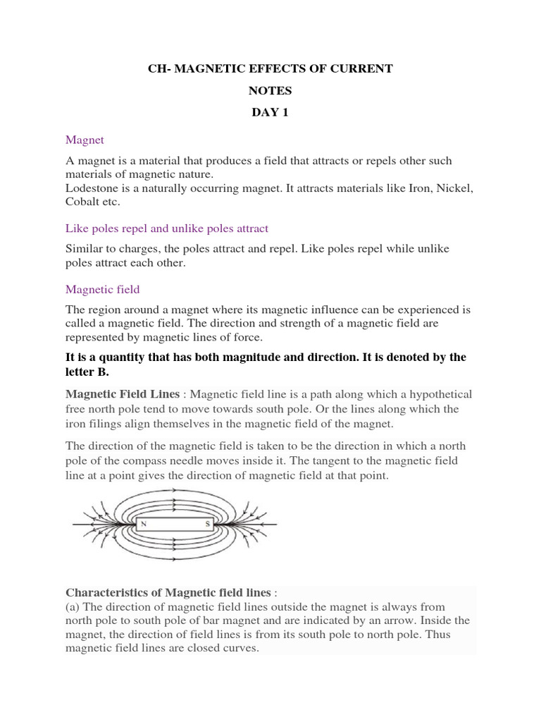 Notes of Magnetic Effects of Current Class X | Download Free PDF ...