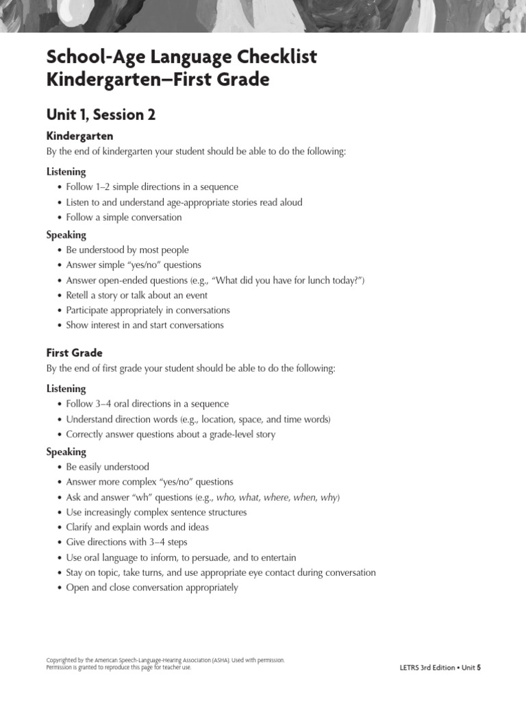 Unit 5 Session 1 School-Age Language Checklists | PDF