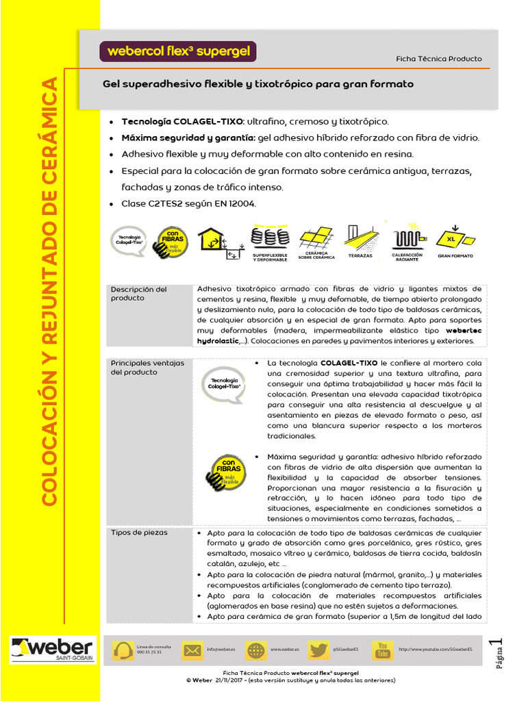 Cemento Cola Flex Supergel Weber KG Blanco 10749263 Techsheetsup | PDF ...