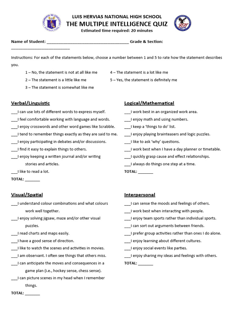 Multiple Intelligence Quiz | PDF | Mathematics | Senses