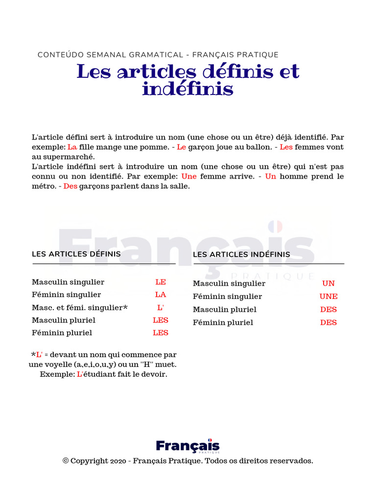 Les Articles Definis Et Indefinis FP 1 | PDF | Nombre grammatical ...