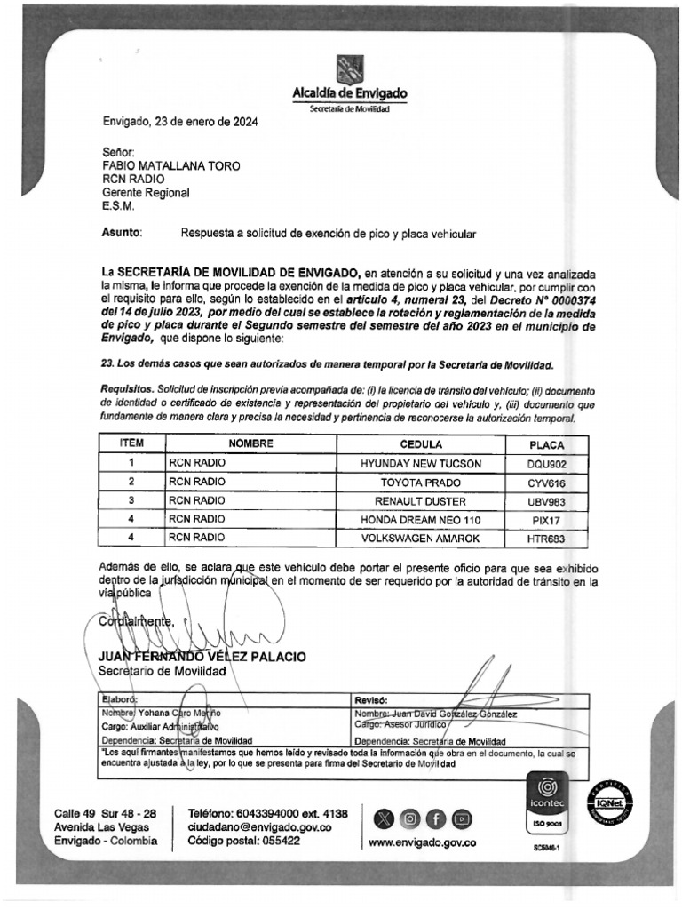 Certificado de Exencion de Pico y Placa RCN | PDF