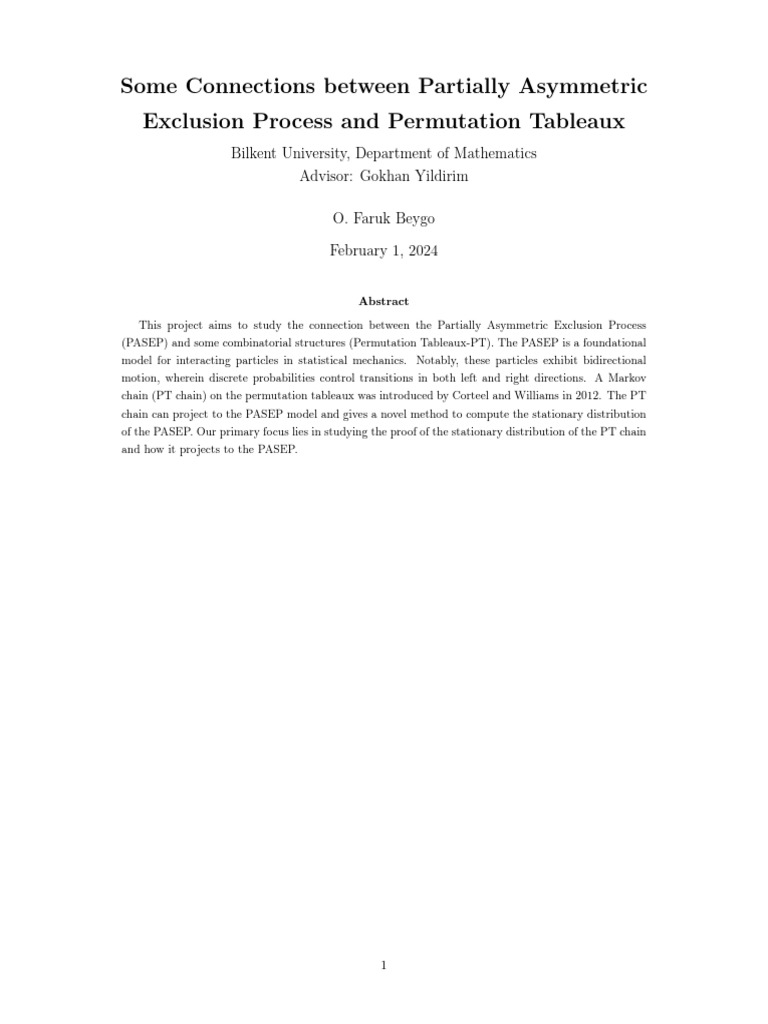 Some Connections Between Partially Asymmetric Exclusion Process and Permutation Tableux | PDF ...