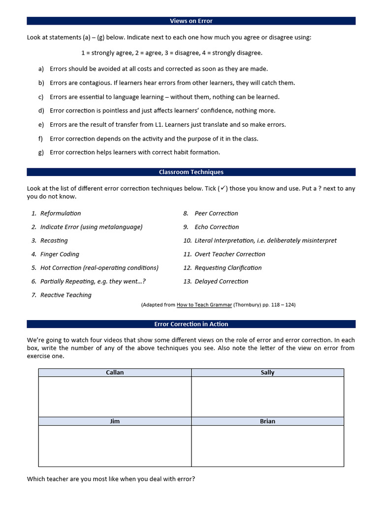 Role of Error and Correction Session Tasks | PDF | Career & Growth ...