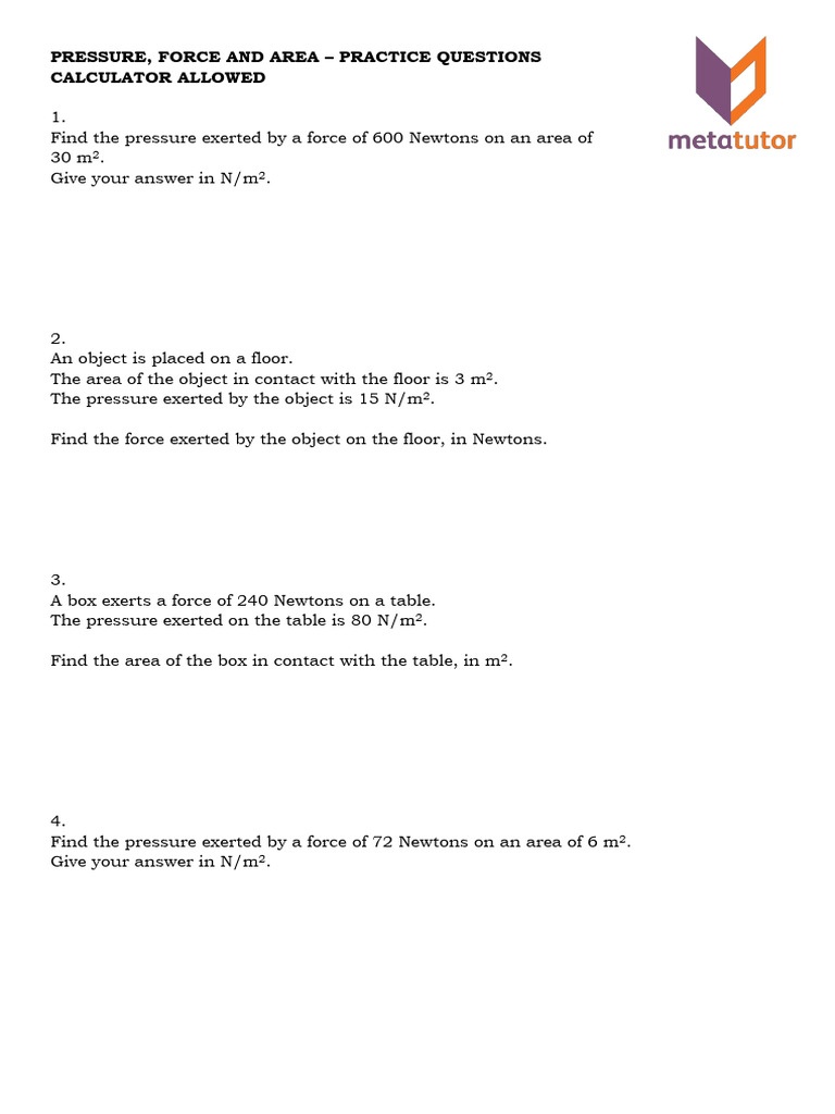 Pressure Force Area | PDF