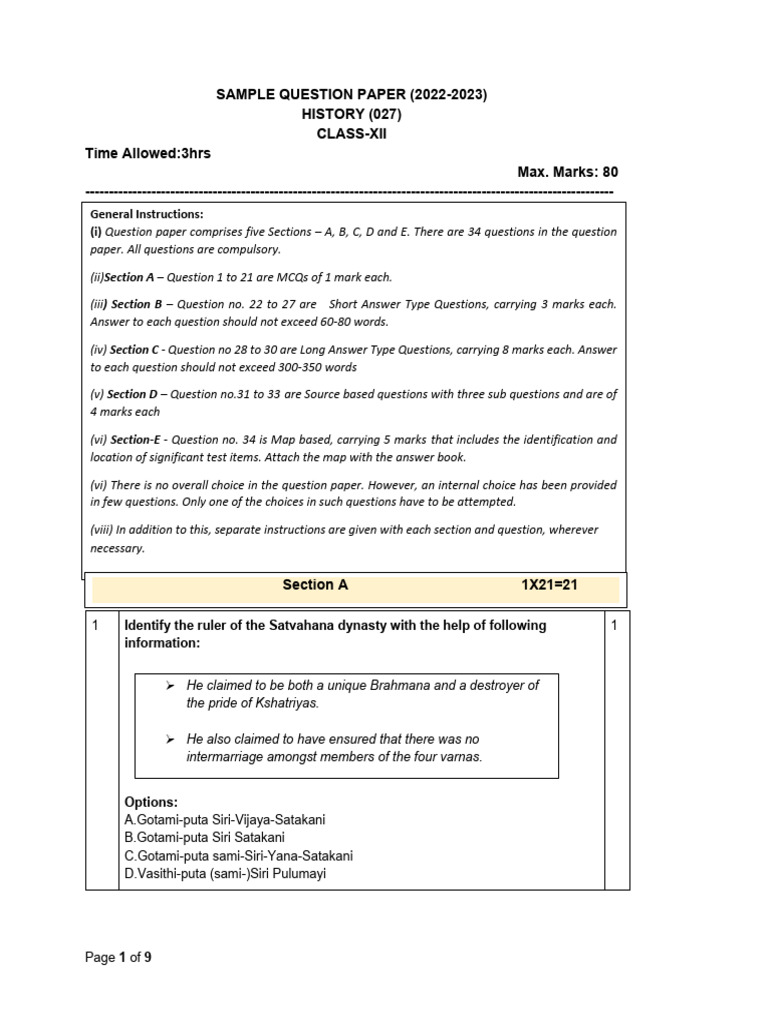 12th History Sample Paper 22-23 | PDF