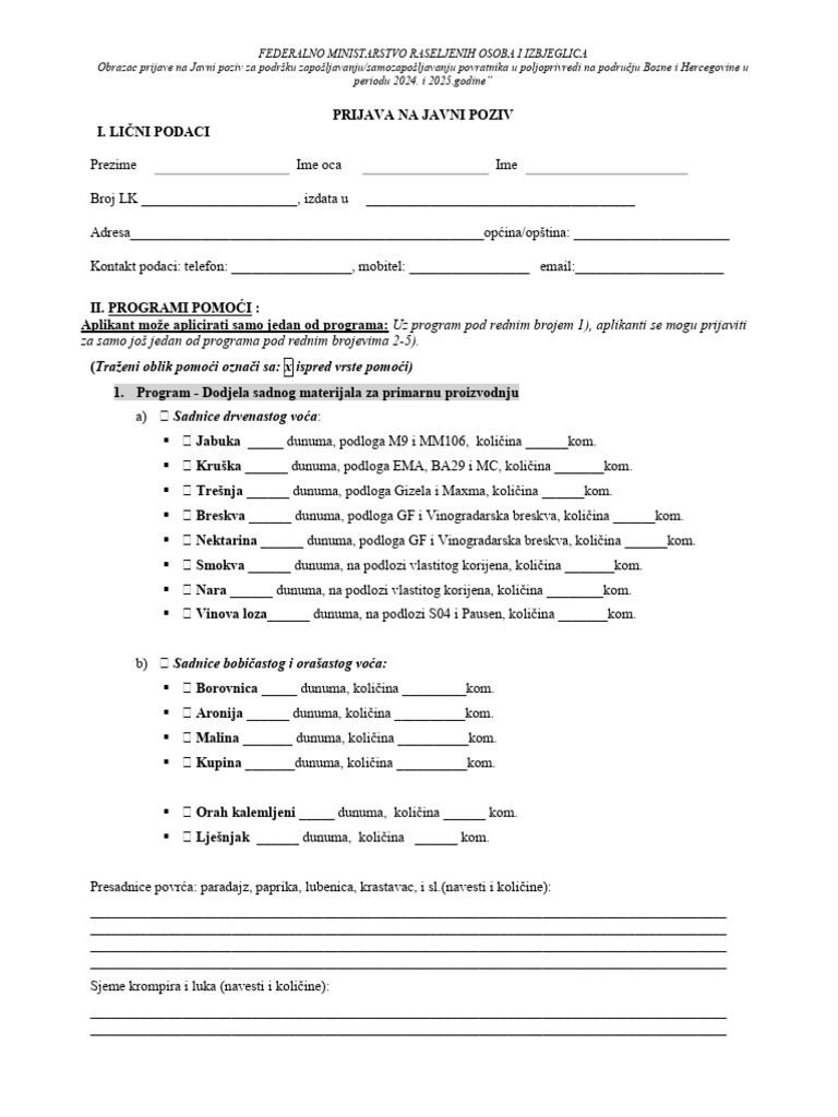 Obrazac Prijave Fizicka Lica Poljoprivreda 2024 2025 | PDF