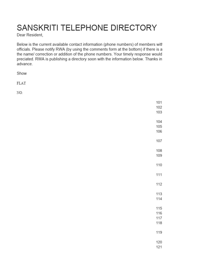 Sanskriti Telephone Directory Sanskriti Apartments, Sector 19B, Dwarka 2 | PDF
