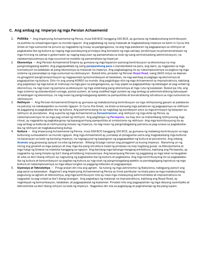 C Ang Ambag NG Imperyo NG Mga Persian Achaemenid | PDF