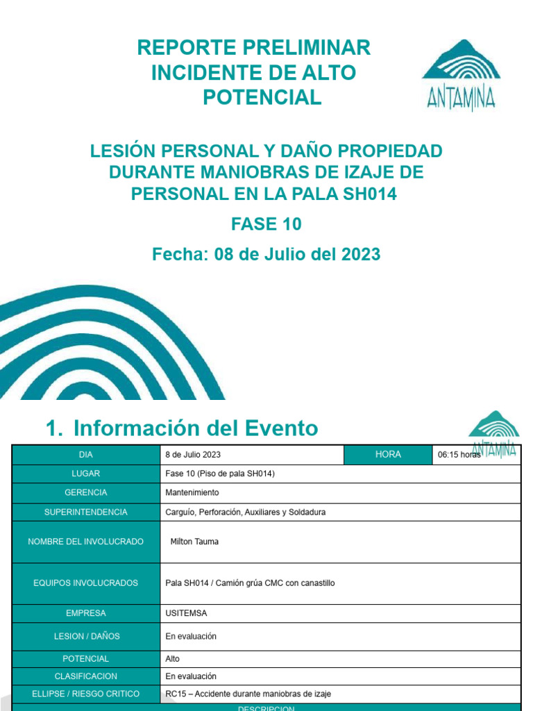 Reporte Preliminar Accidente de Alto Potencial Mantenimiento Mina | PDF