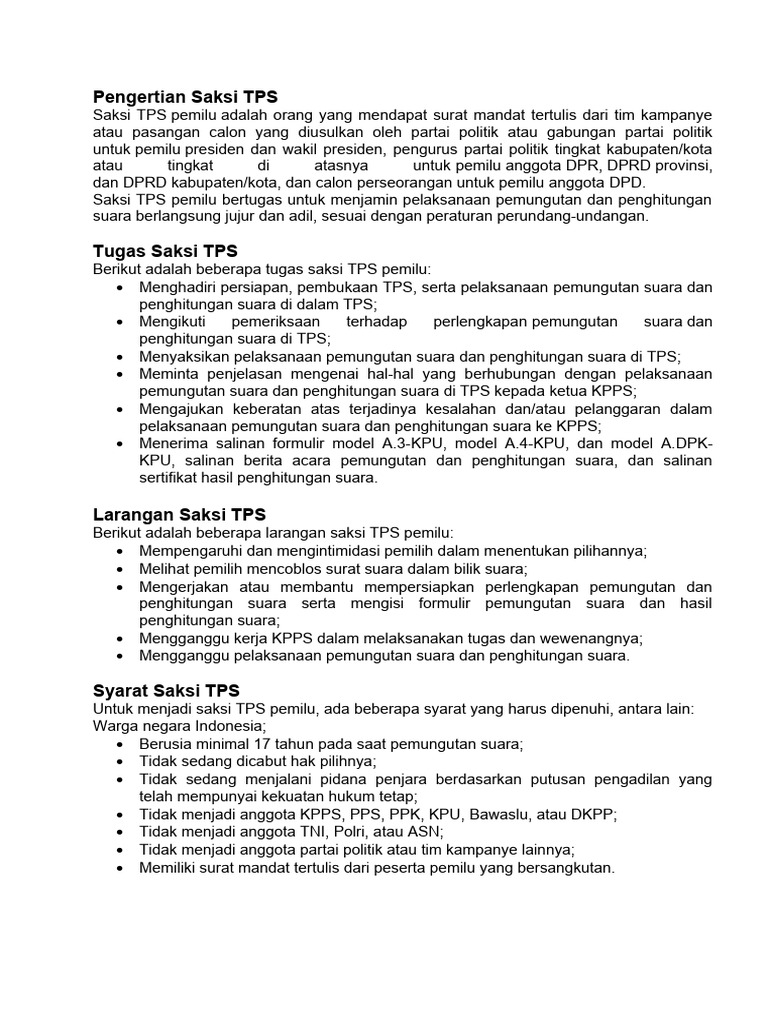 Pengertian Saksi TPS 2024 | PDF