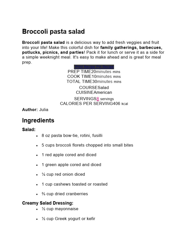 Broccoli Pasta Salad Pdf