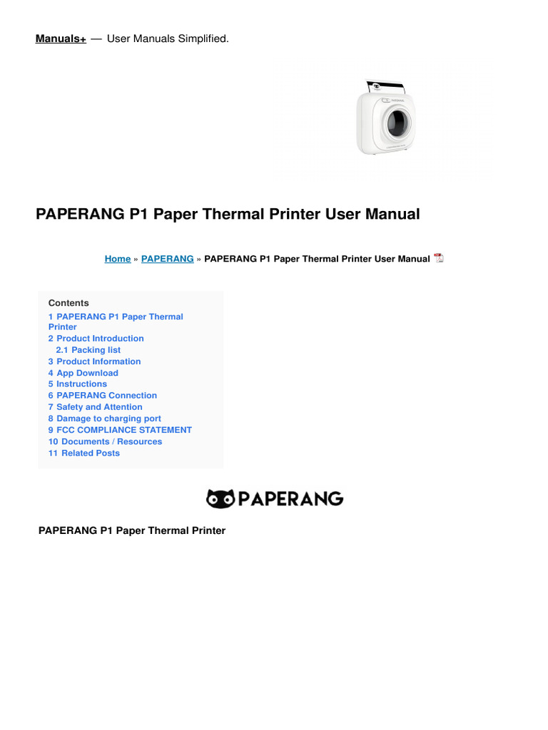 PAPERANG P1 Thermal Printer Manual | PDF