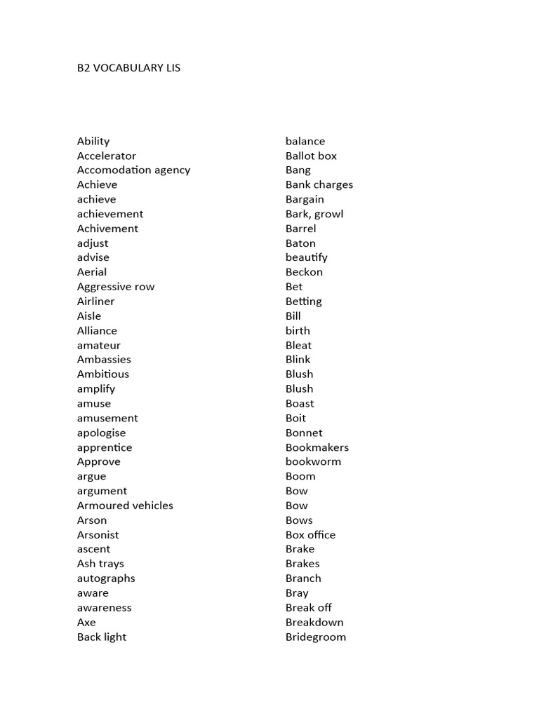 B2 Vocabulary List From The Intermediate Level Book PDF