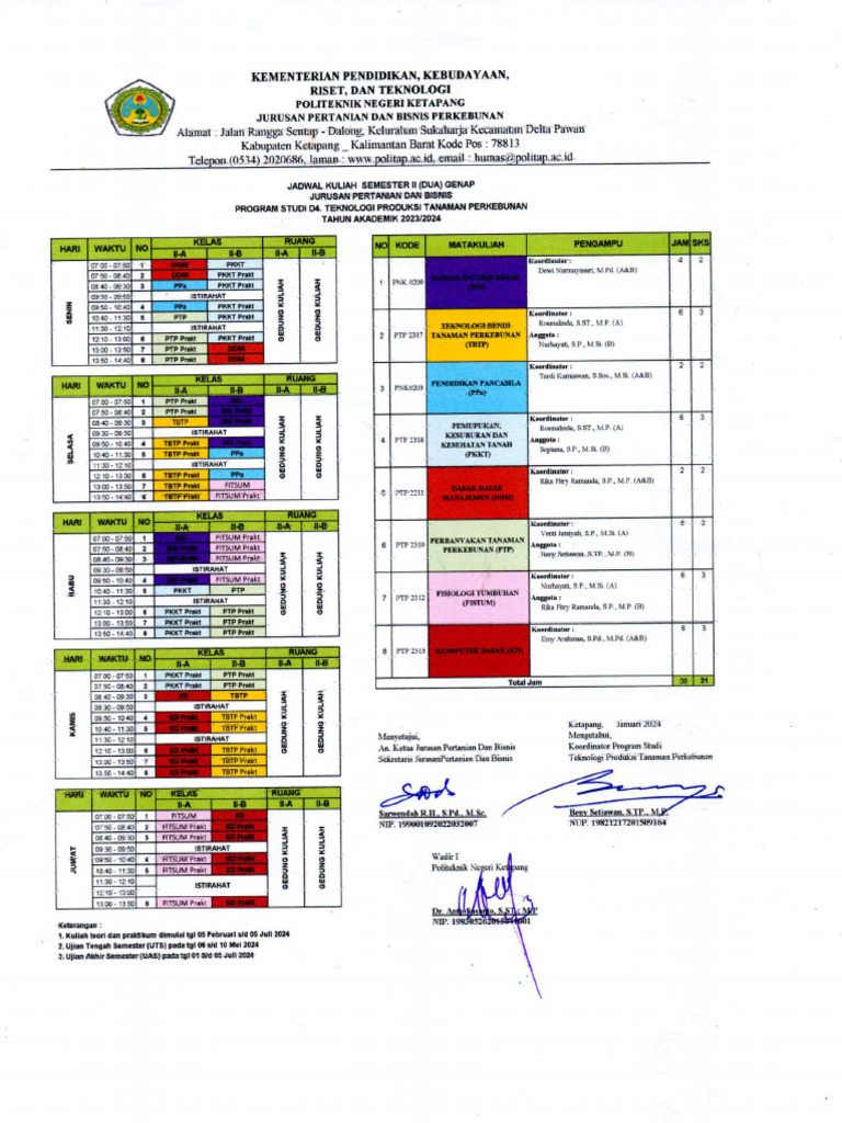 Jadwal Perkuliahan Semester Genap Tahun Akademik 2023-2024 | PDF