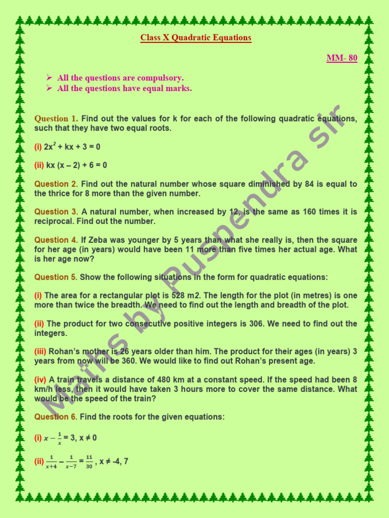 Quadratic Equations Class X Problems | PDF | Speed | Numbers