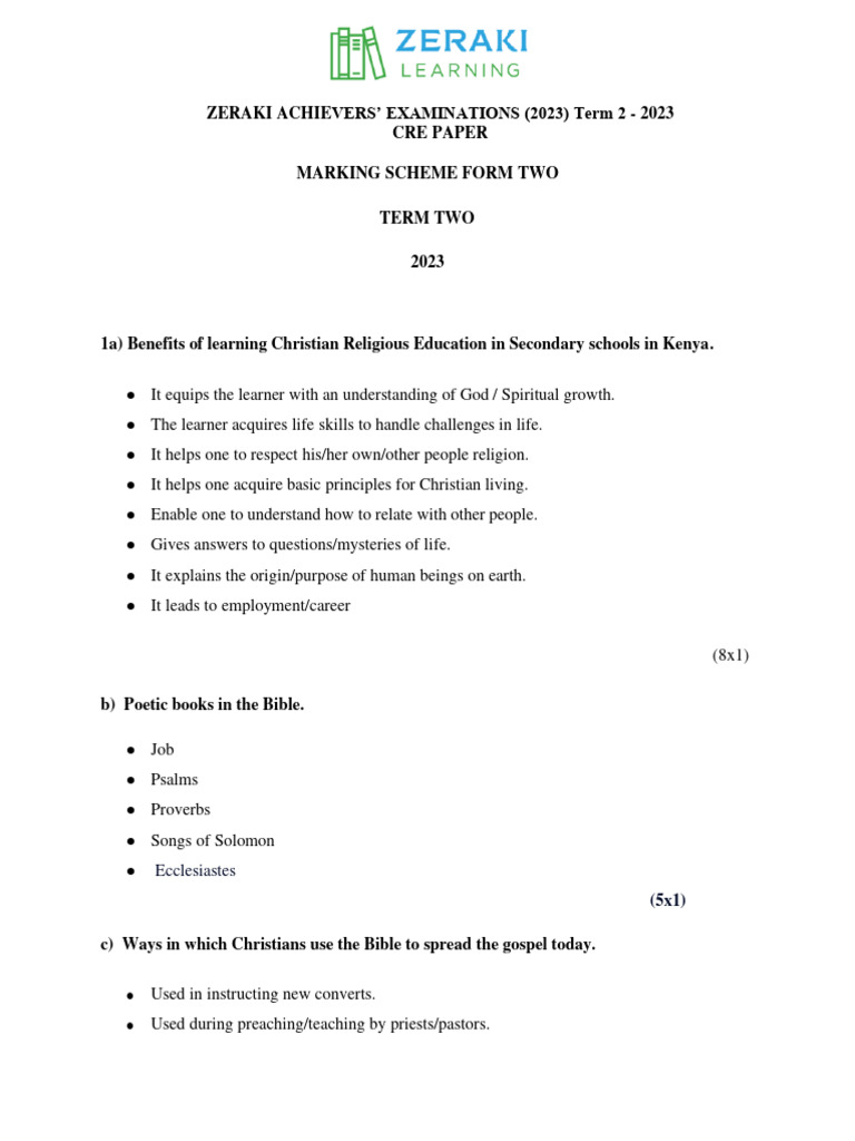 CRE Form 2 - Marking Scheme | PDF | Jesus | Disciple (Christianity)