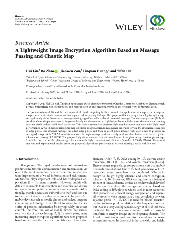 A Lightweight Image Encryption Algorithm Based On Message Passing And Chaotic Map Pdf 
