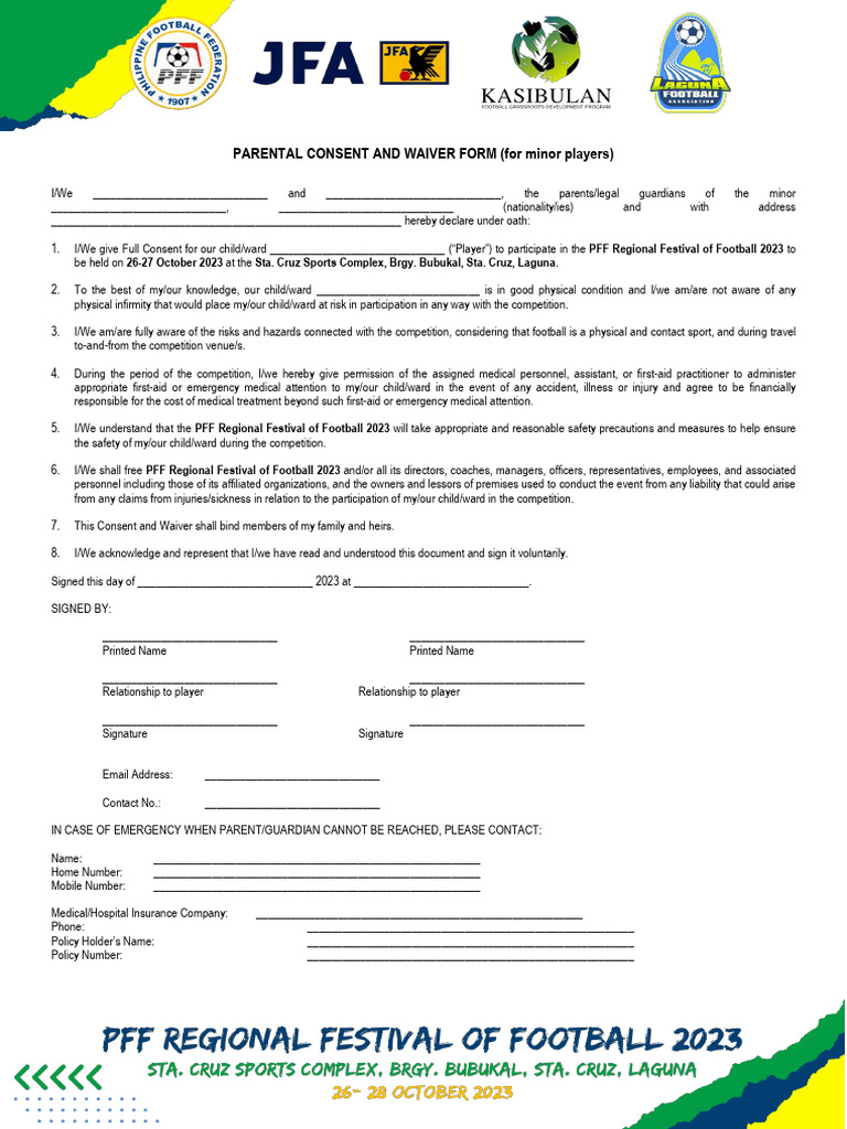 FOF 2023 Parental Consent Declaration Form and Waiver | PDF | Concussion | Traumatic Brain Injury