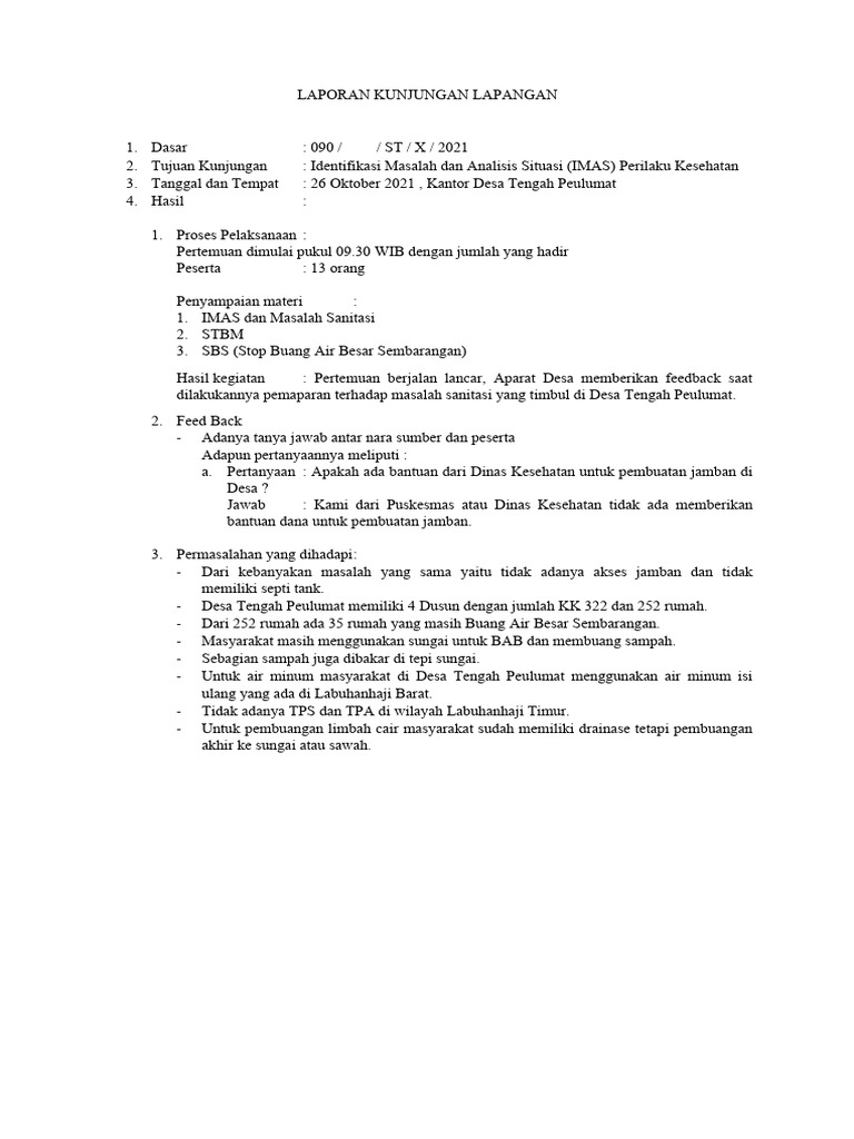 Laporan Kunjungan Lapangan Imas | PDF