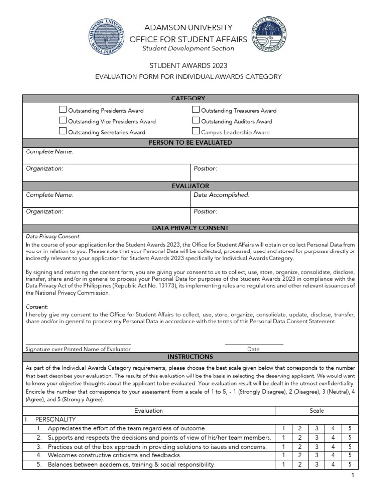 Student Awards 2023 Individual Awards Evaluation Form | PDF ...