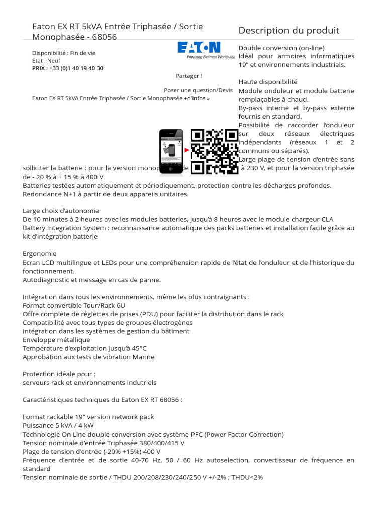 Eaton EX RT 5kVA Entrée Triphasée - Sortie Monophasée | PDF