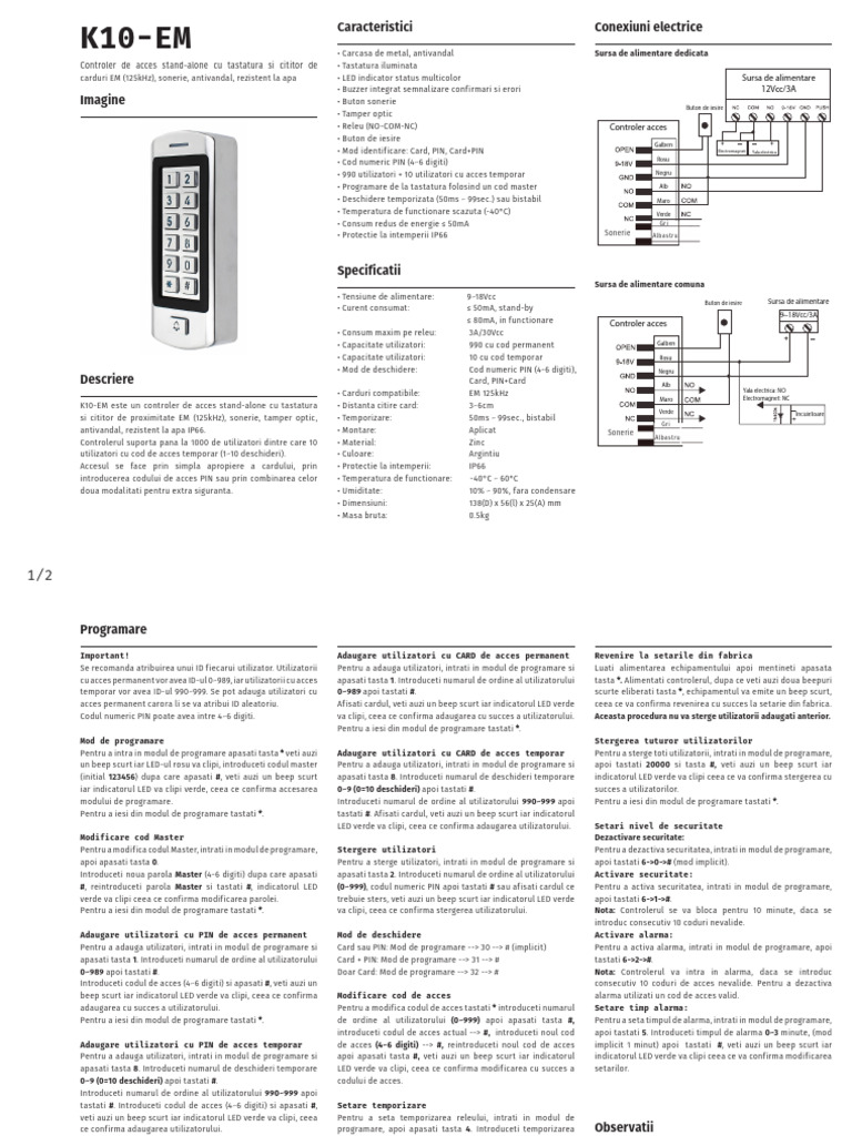 Fisa Tehnica Controler de Acces Standalone Cu Tastatura K10-EM | PDF