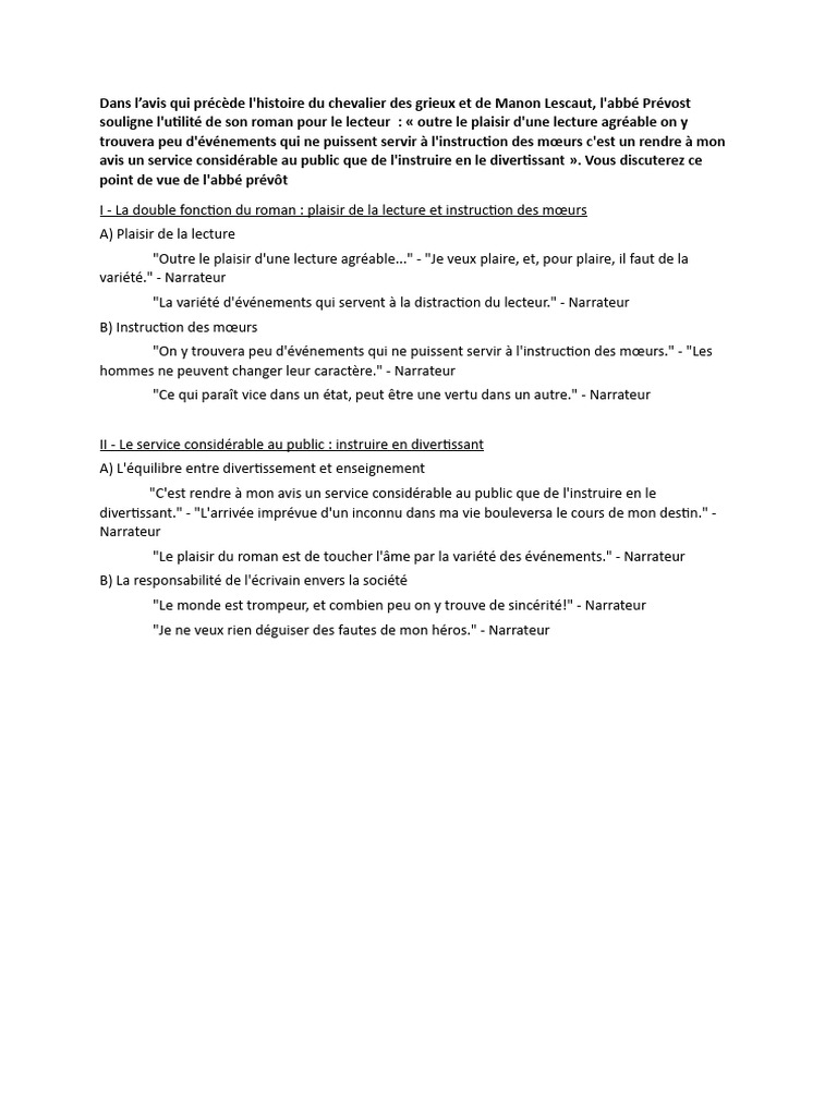 Plan Dissertation Manon Lescaut | PDF