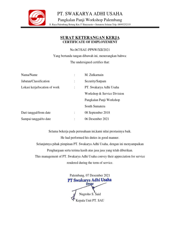 Surat Keterangan Kerja Jol | PDF