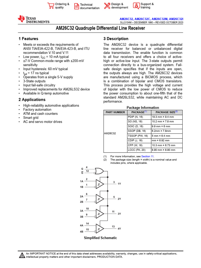 AM26C32 Quadruple Differential Line Receiver: 1 Features 3 Description ...